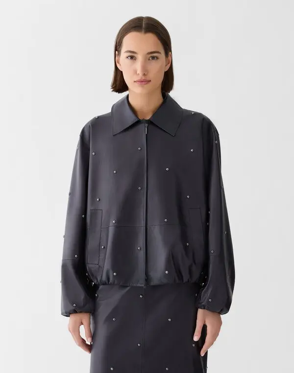 Lafayette 148 New York Studded Nappa Leather Bomber Jacket