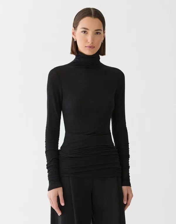 Lafayette 148 New York Viscose Cashmere Jersey Slim Turtleneck - Black