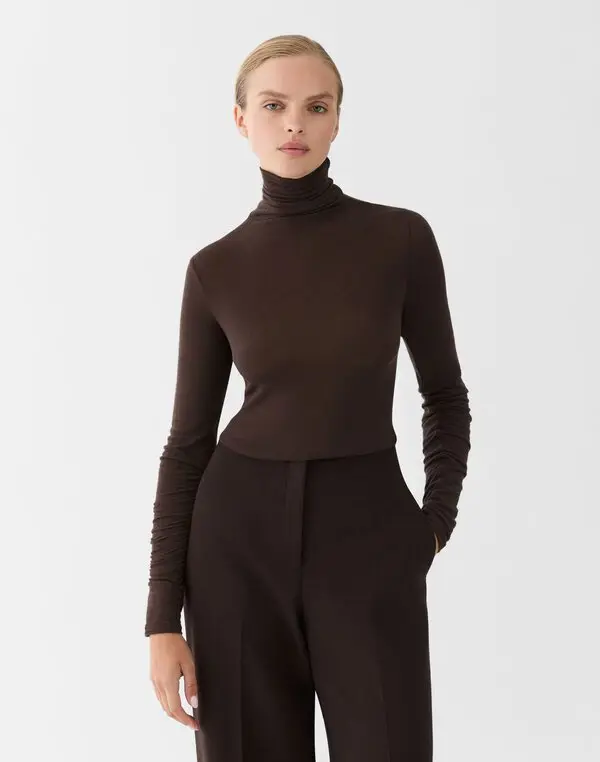 Lafayette 148 New York Viscose Cashmere Jersey Slim Turtleneck - Truffle