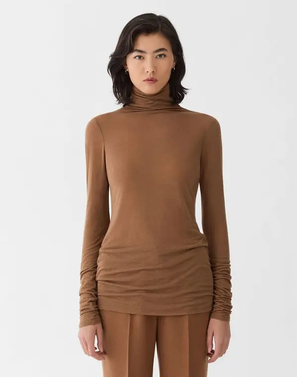 Lafayette 148 New York Viscose Cashmere Jersey Slim Turtleneck - Vicuna