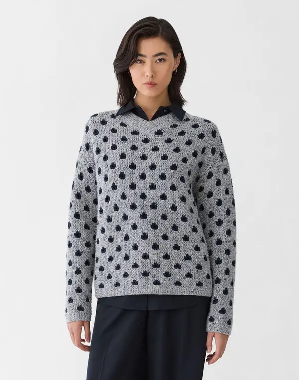 Lafayette 148 New York Polka Dot Jacquard V-neck Sweater