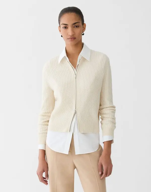 Lafayette 148 New York Petite Cashmere Cabled Cropped Zip Cardigan