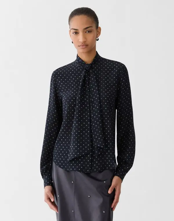 Lafayette 148 New York Polka Dot Print Silk Tie Neck Blouse