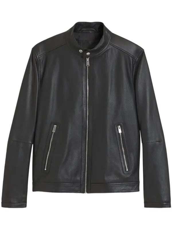 Hugo Boss Leather Zip-up Jacket With Stand Collar