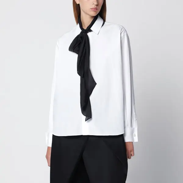 Sacai Cotton Blend Shirt With Integrated Black Scarf - White