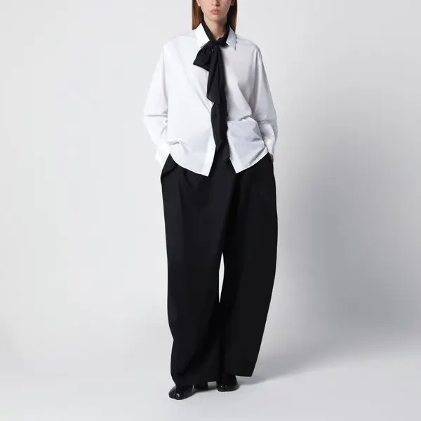 Sacai Cotton Blend Shirt With Integrated Black Scarf - White