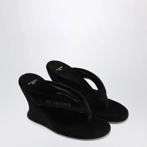 Balenciaga Stretch Velvet Wedge Thong Sandals - Black