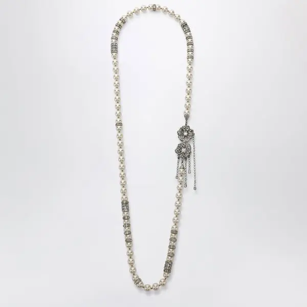 Alessandra Rich Pearl Necklace With Crystal Flower Clasp - White