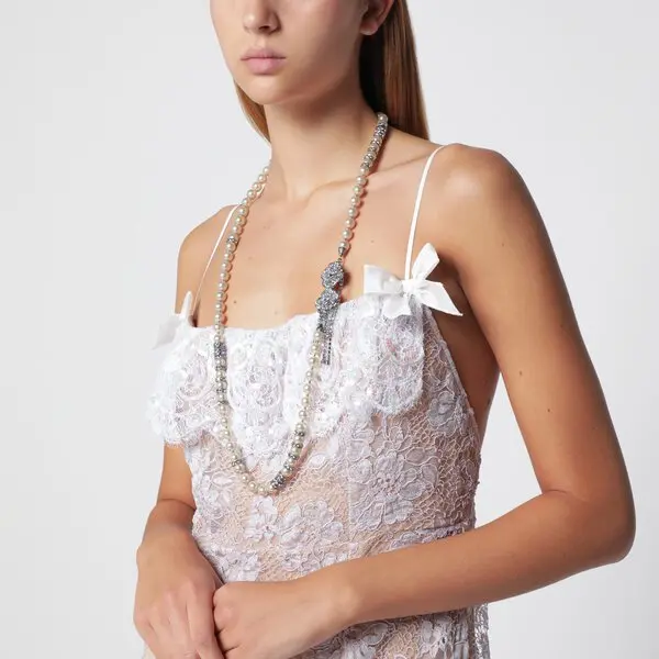 Alessandra Rich Pearl Necklace With Crystal Flower Clasp