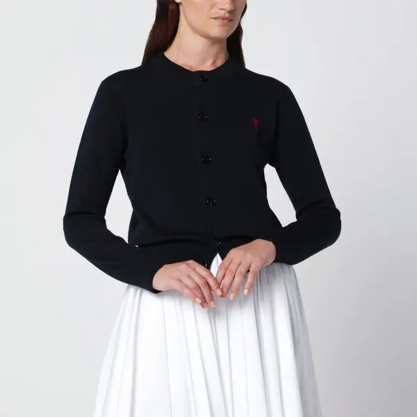 AMI Paris Navy Merino Wool De Cœur Cardigan - Blue