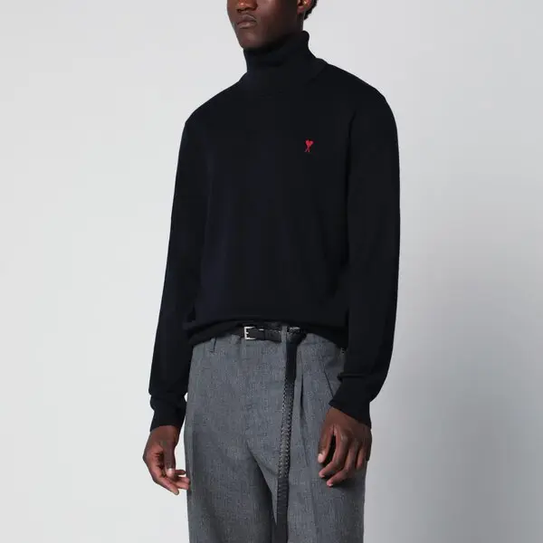AMI Paris Navy Turtleneck Sweater De Coeur