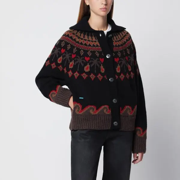 Alanui Black Jacquard Wool Cardigan With Fair Isle Palm Motif - Multicolor