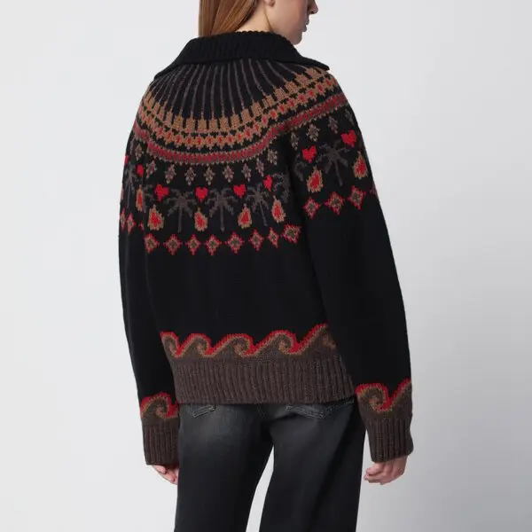 Alanui Black Jacquard Wool Cardigan With Fair Isle Palm Motif - Multicolor