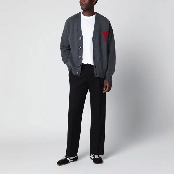 AMI Paris Virgin Wool Cardigan With De Coeur Logo