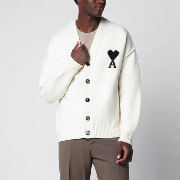AMI Paris Virgin Wool V-neck Cardigan With De Coeur Logo