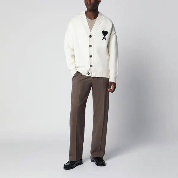 AMI Paris Virgin Wool V-neck Cardigan With De Coeur Logo