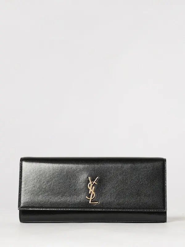 Saint Laurent Calf Leather Clutch With Gold Tone Logo - Black