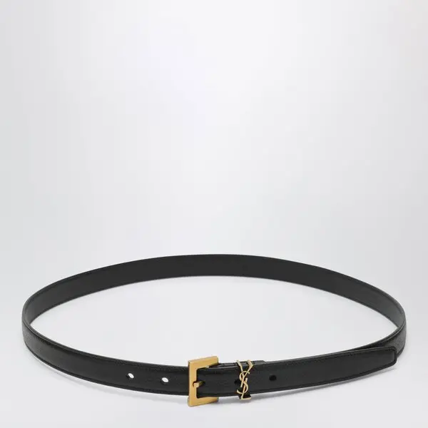 Saint Laurent Cassandre Thin Belt In Grained Leather - Black