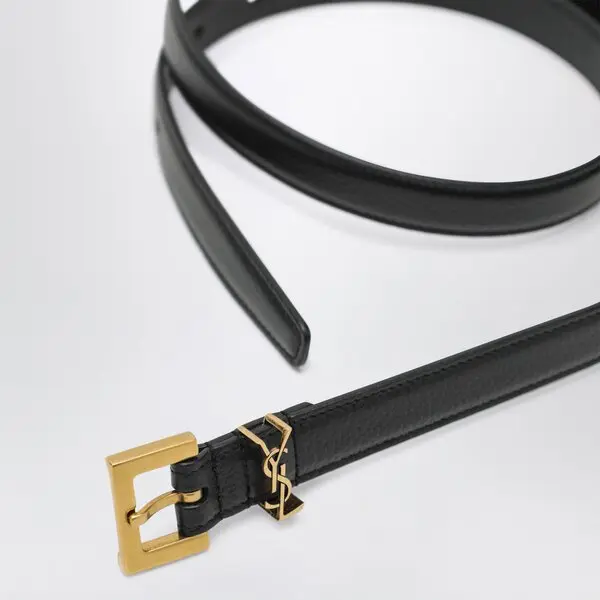 Saint Laurent Cassandre Thin Belt In Grained Leather - Black