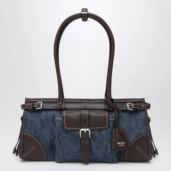 Prada Bonnie Medium Handbag In Denim And Leather - Blue