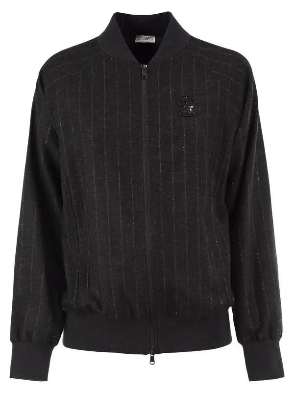 Brunello Cucinelli Pinstripe Wool-blend Bomber Jacket With Sequined Crest - Multicolor