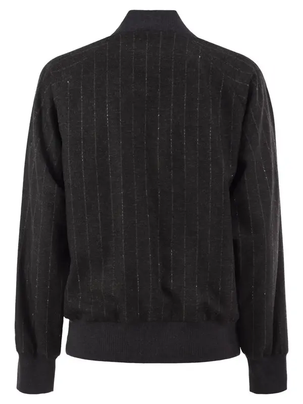 Brunello Cucinelli Pinstripe Wool-blend Bomber Jacket With Sequined Crest - Multicolor
