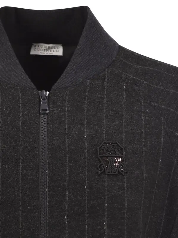 Brunello Cucinelli Pinstripe Wool-blend Bomber Jacket With Sequined Crest - Multicolor