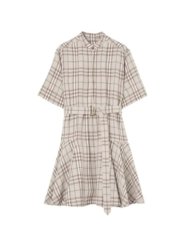 Burberry Linen Blend Short Dress With Check Pattern - Multicolor