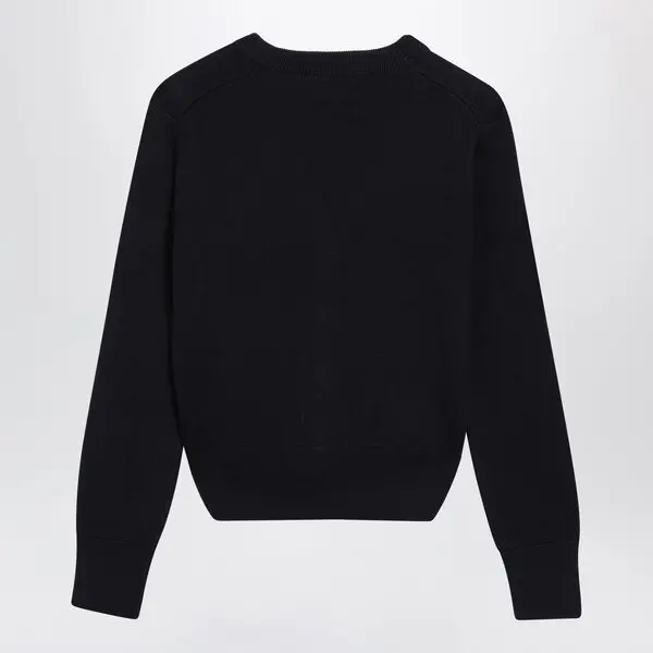 AMI Paris Navy Wool V-neck Cardigan With De Coeur Embroidery