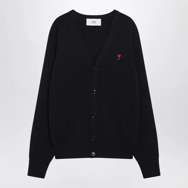 AMI Paris Navy Merino Wool De Coeur Cardigan - Blue