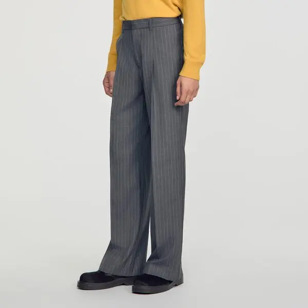 Sandro Wide-leg Virgin Wool Suit Trousers With Pleats And Pin Stripes