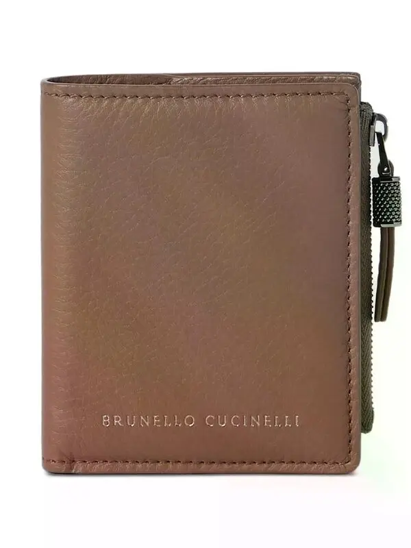 Brunello Cucinelli Grained Calfskin Compact Wallet With Shiny Zipper Pull