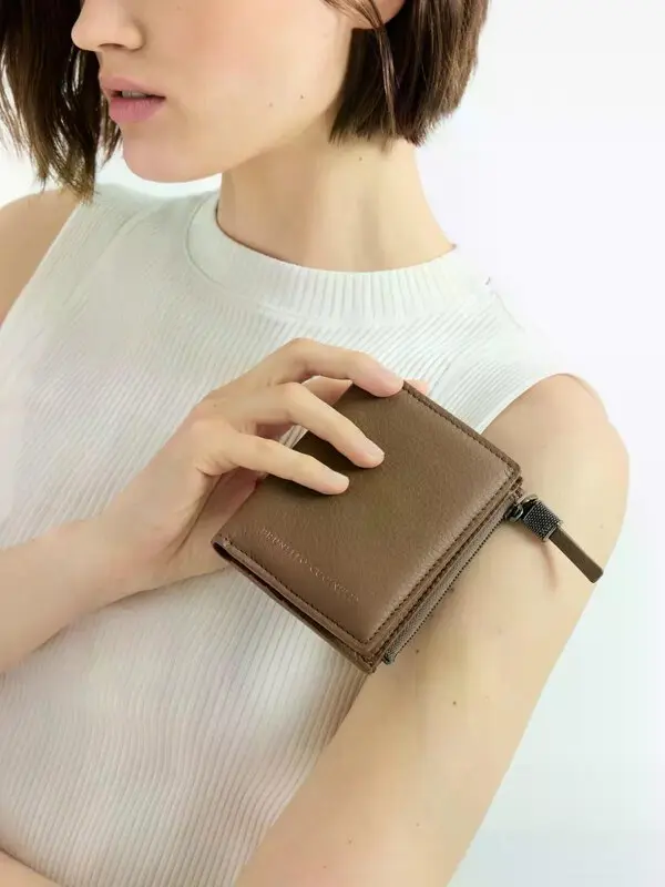 Brunello Cucinelli Grained Calfskin Compact Wallet With Shiny Zipper Pull