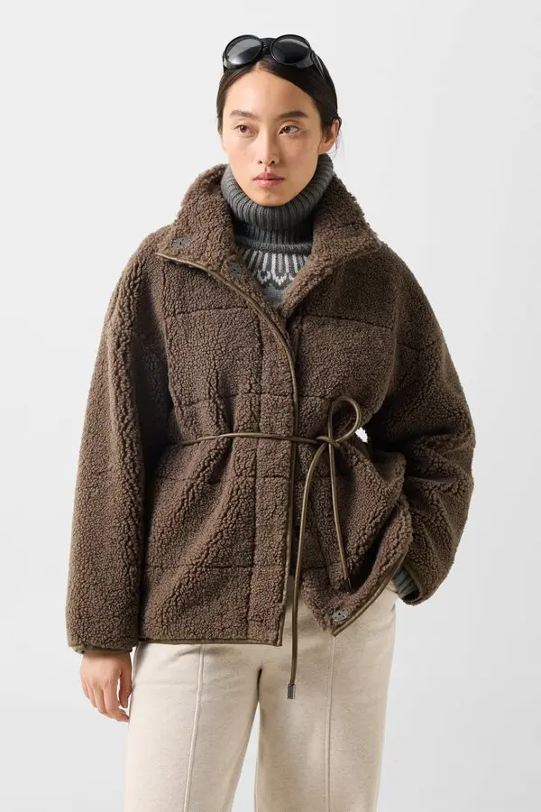 Bogner Kimberly Teddy Jacket With Faux Leather Trim - Gray-brown