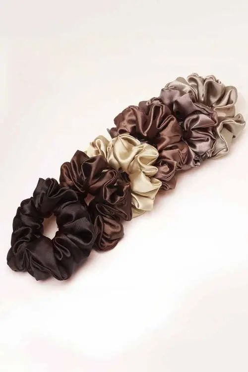HAIR DRAMA CO. Silk Satin Scrunchies Set Of 6 - Brown