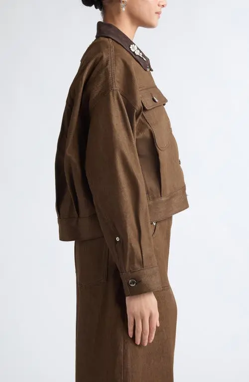 Simone Rocha Embellished Denim Cropped Utility Jacket - Tan/pearl/clear
