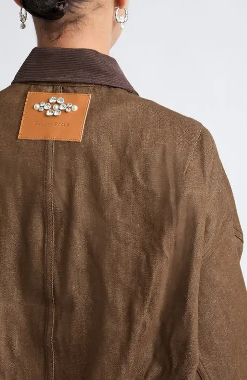 Simone Rocha Embellished Denim Cropped Utility Jacket - Tan/pearl/clear