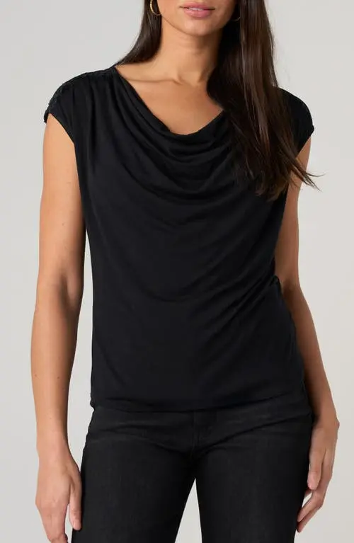 LIVERPOOL Sleeveless Draped Neck Top With Lace Trim - Black