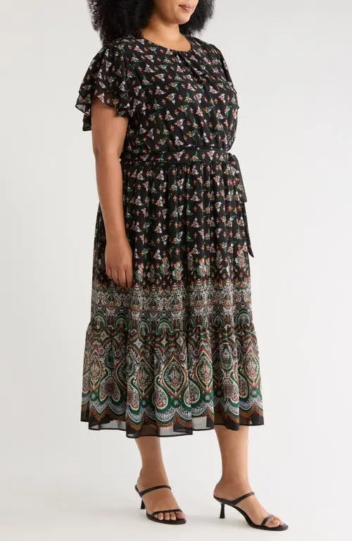 CECE DUPRAZ Floral & Paisley Mix Print Flutter Sleeve Maxi Dress