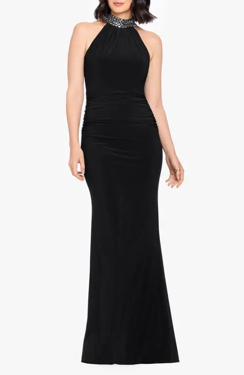 Betsy & Adam Beaded Mock Neck Column Gown