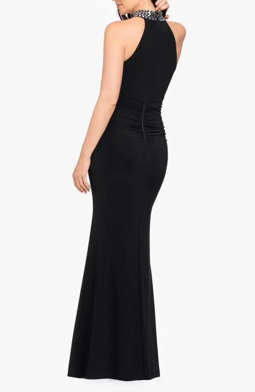 Betsy & Adam Beaded Mock Neck Column Gown