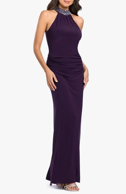 Betsy & Adam Beaded Mock Neck Column Gown - Plum/silver