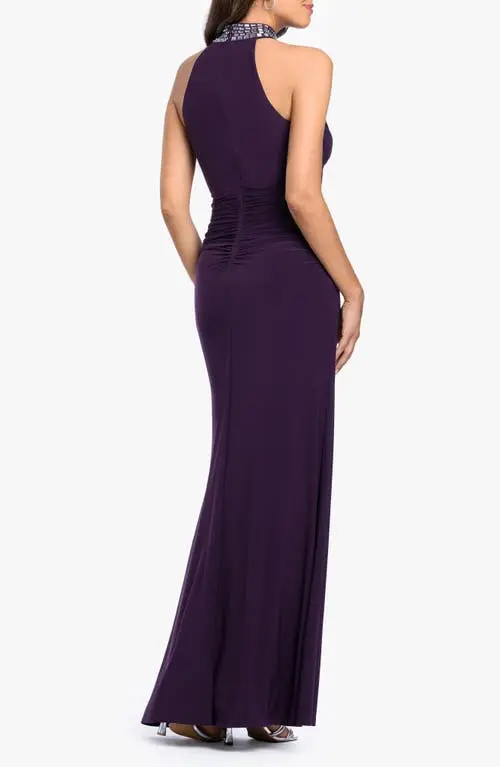 Betsy & Adam Beaded Mock Neck Column Gown - Plum/silver