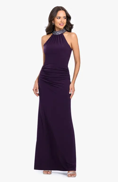 Betsy & Adam Beaded Mock Neck Column Gown - Plum/silver