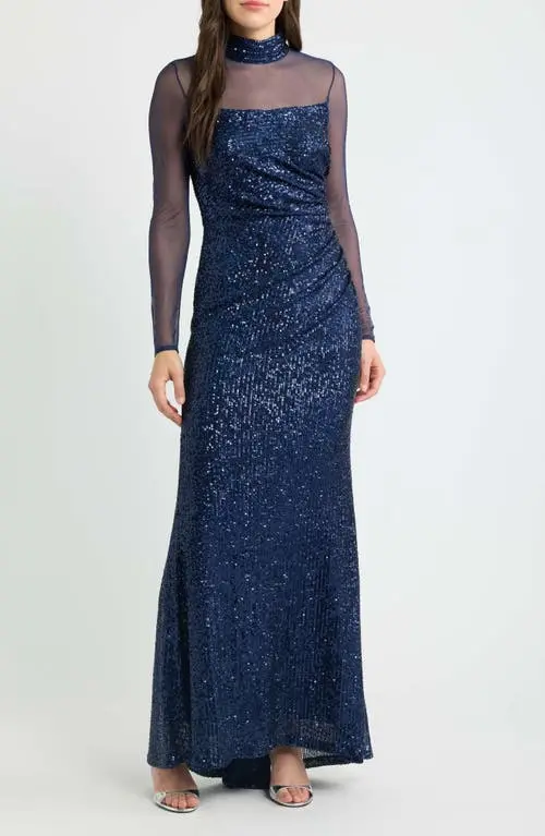 Eliza J Long Sleeve Mock Neck Sequin Gown - Navy