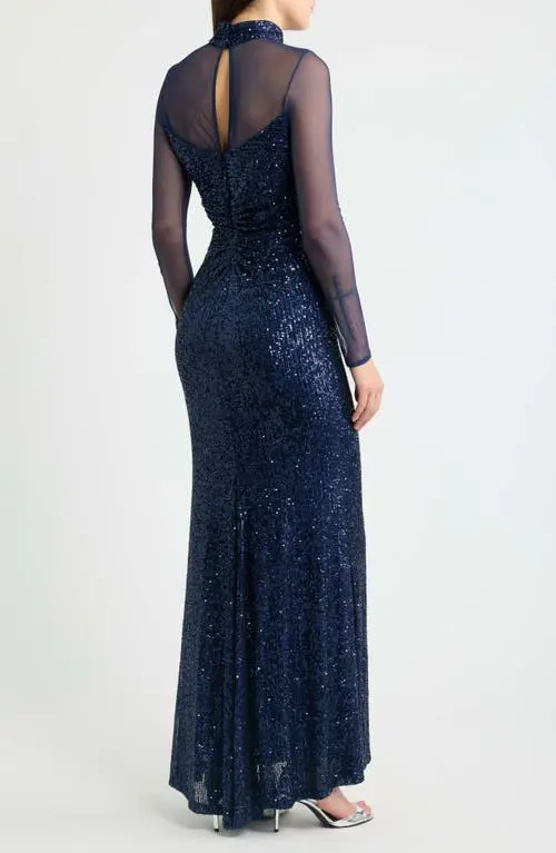 Eliza J Long Sleeve Mock Neck Sequin Gown