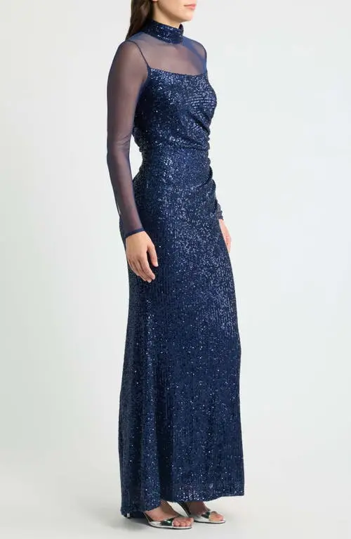 Eliza J Long Sleeve Mock Neck Sequin Gown