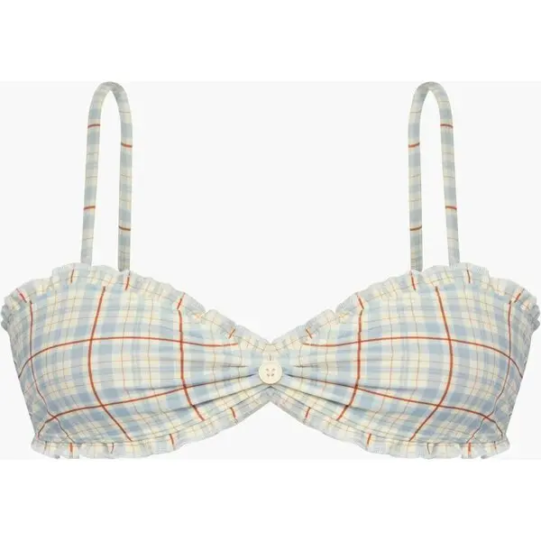 ODDLI Bralette Bikini Top With Ruffled Trims - Cream Plaid