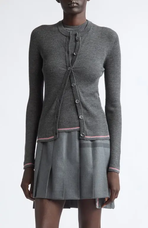 Thom Browne Crewneck Wool Cardigan With Signature Stripes - Medium Grey