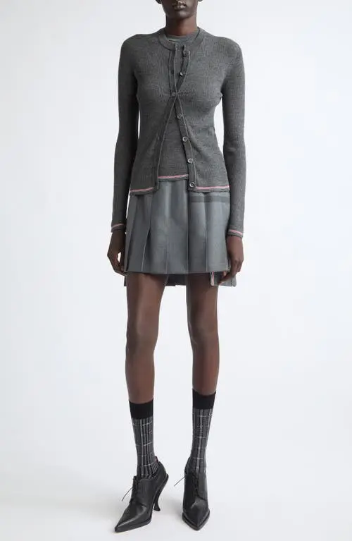 Thom Browne Crewneck Wool Cardigan With Signature Stripes - Medium Grey